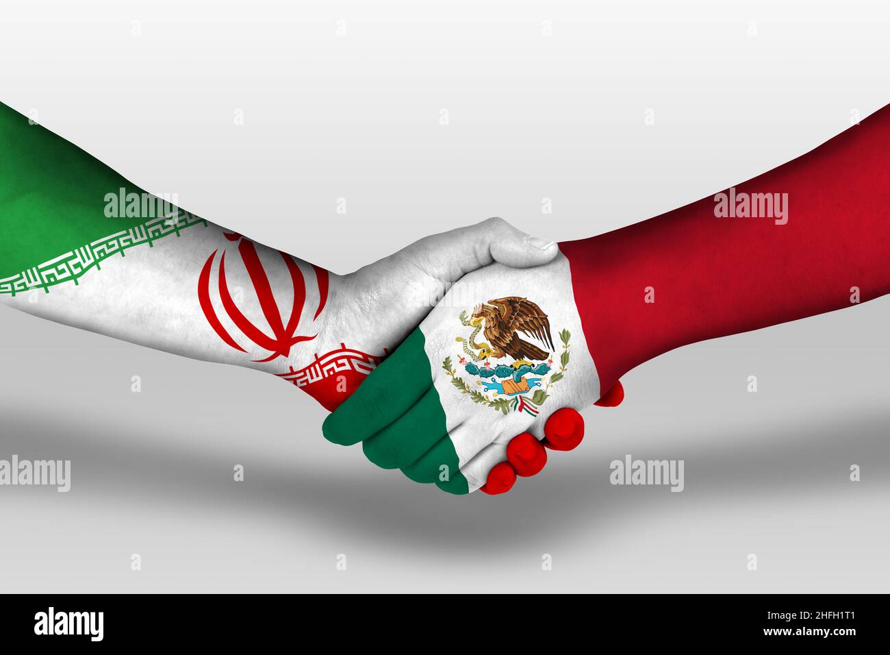 Handshake between mexico and iran flags painted on hands, illustration ...