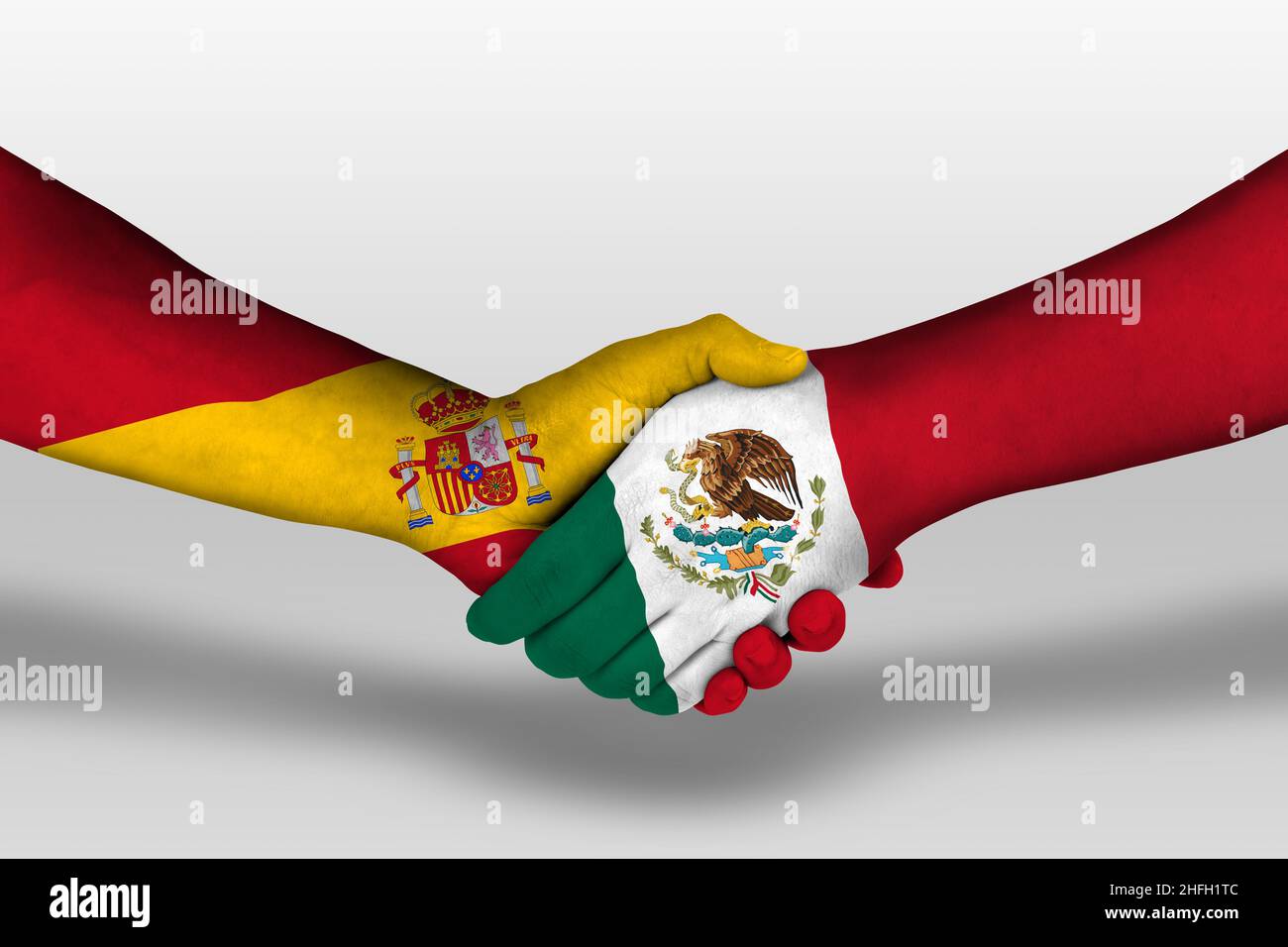 Handshake between mexico and spain flags painted on hands, illustration ...