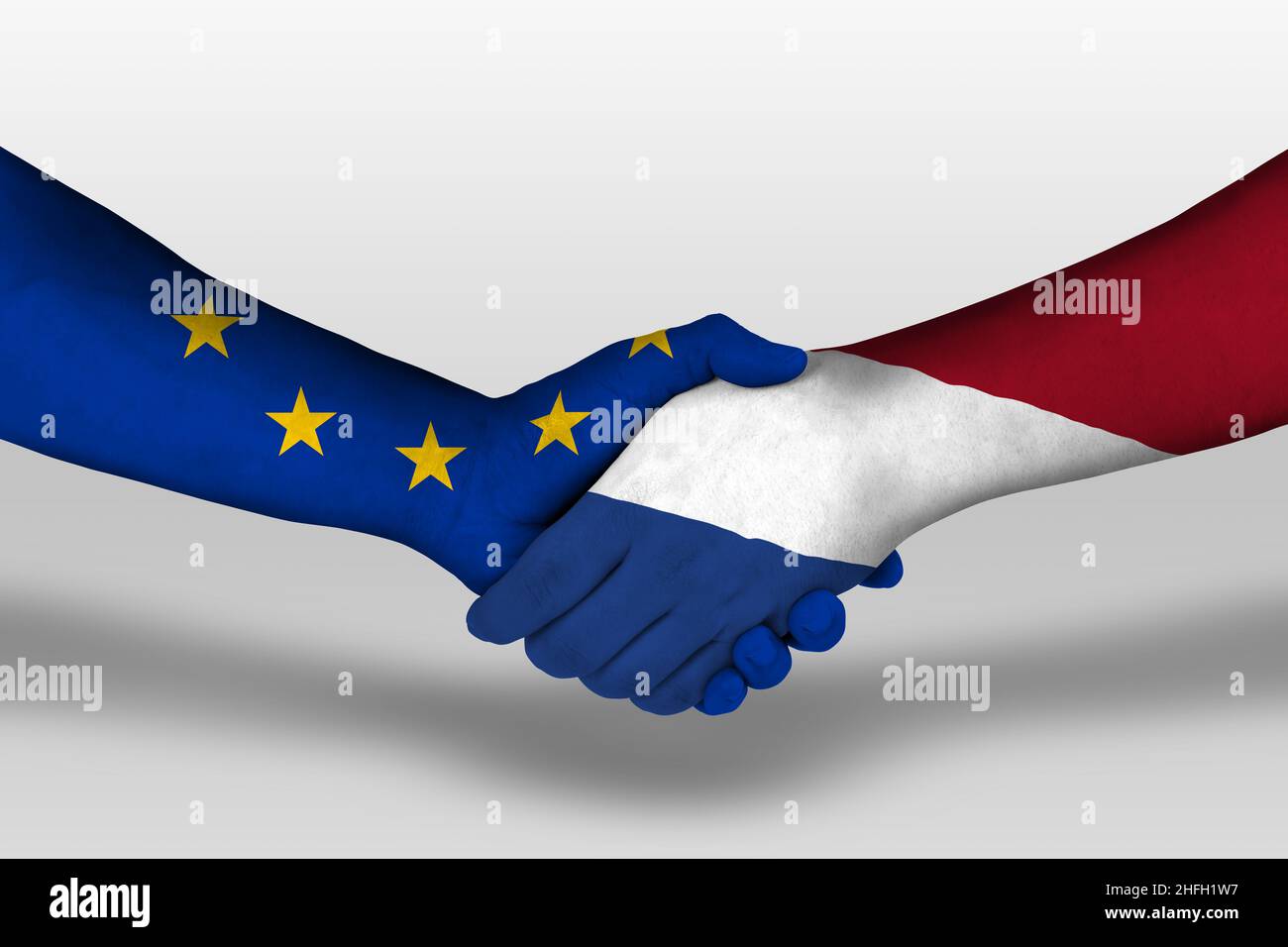 Handshake between netherlands and european union flags painted on hands ...