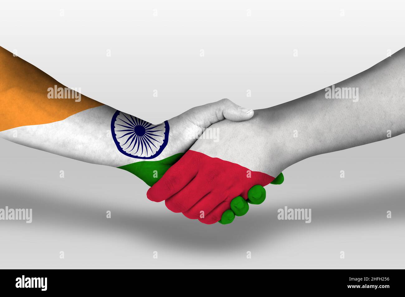 Handshake between poland and india flags painted on hands, illustration ...
