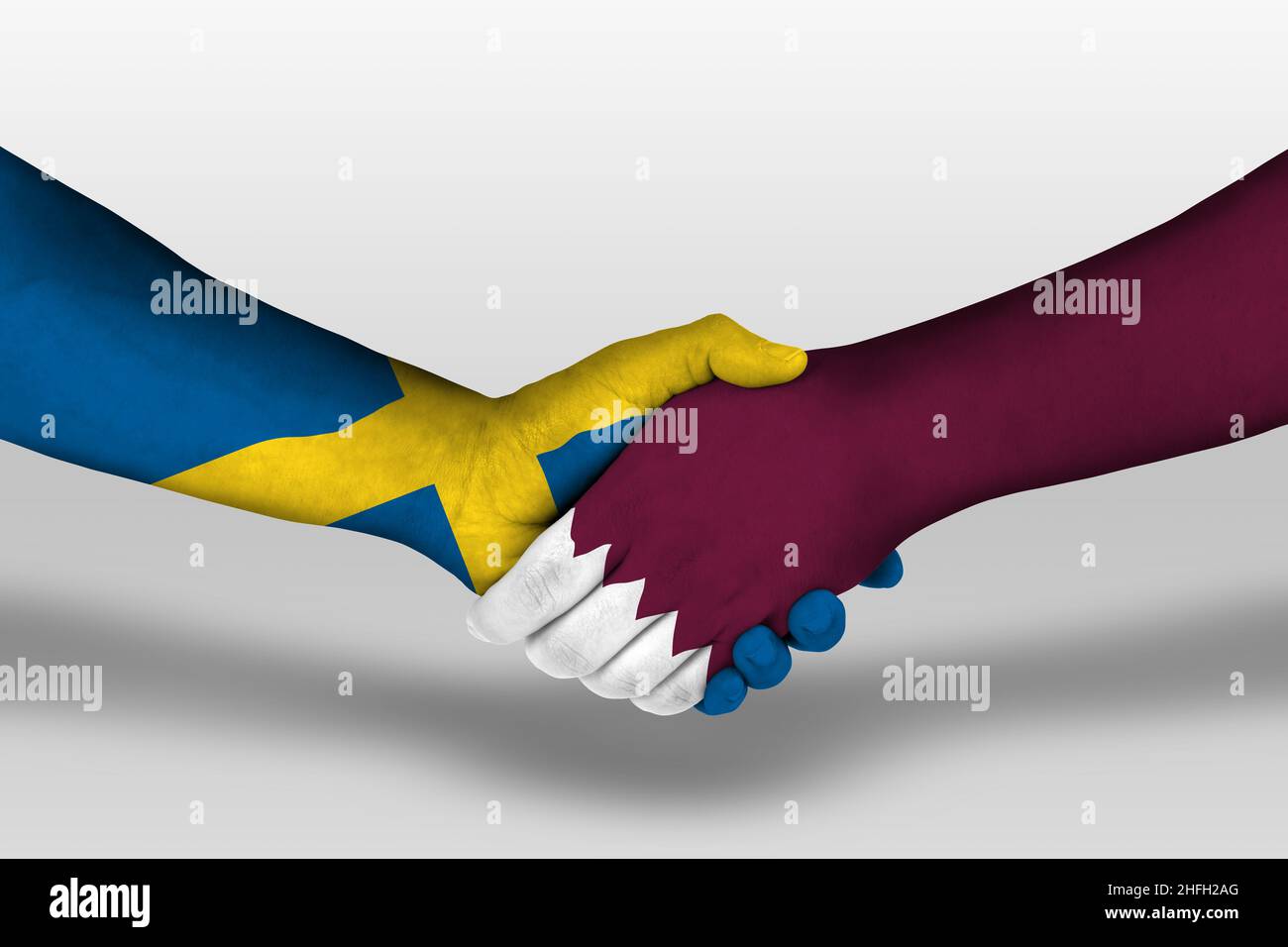 Handshake between qatar and sweden flags painted on hands, illustration ...