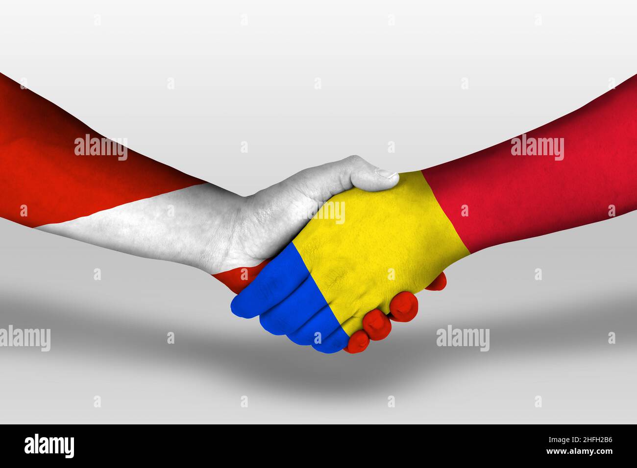 Handshake between romania and austria flags painted on hands ...