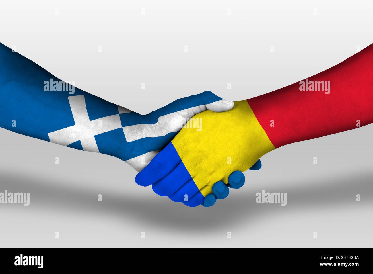 Handshake between romania and greece flags painted on hands ...
