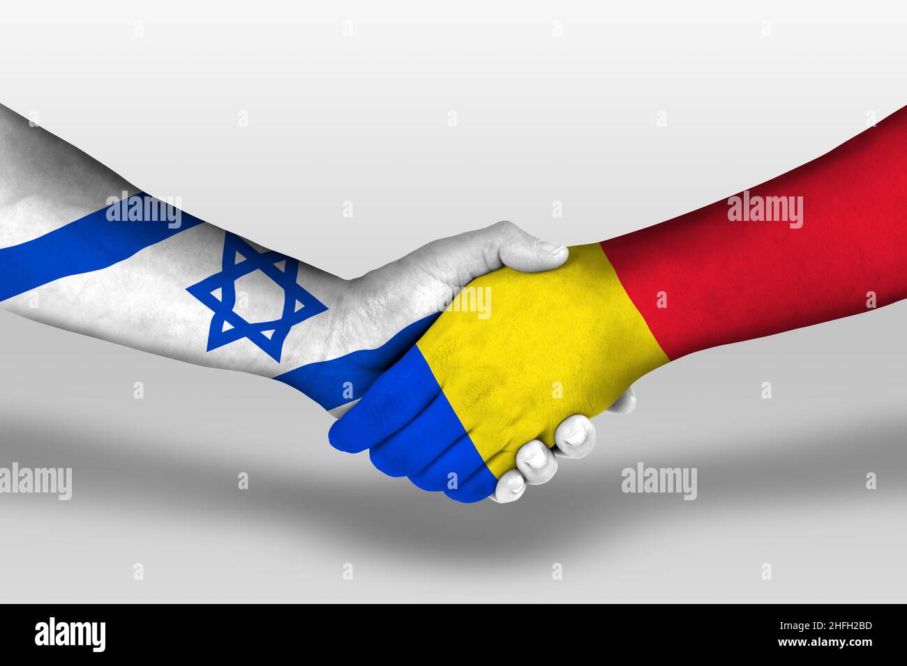 Handshake between romania and israel flags painted on hands ...