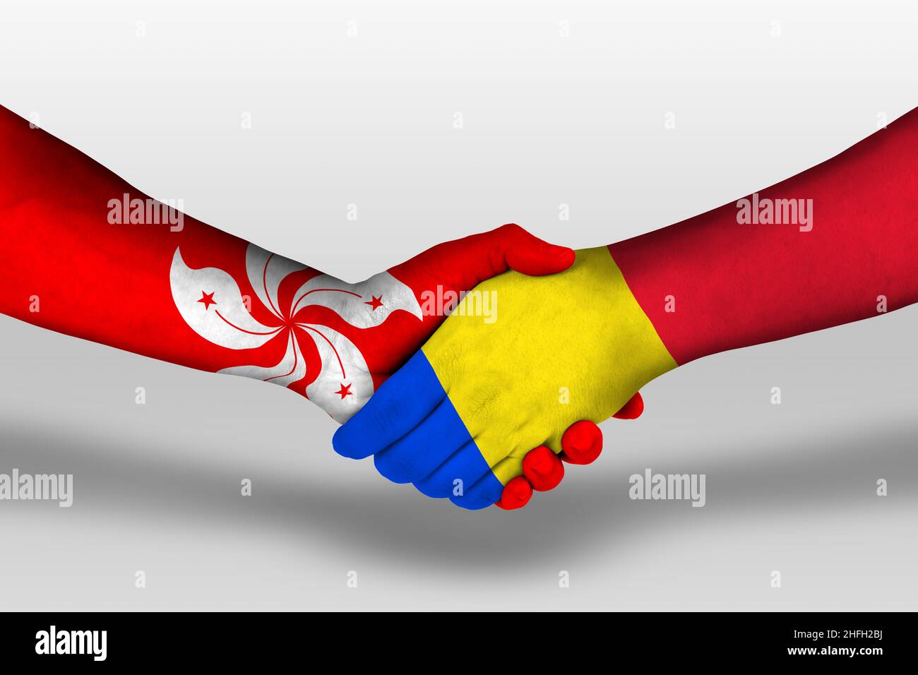 Handshake between romania and hong kong flags painted on hands ...