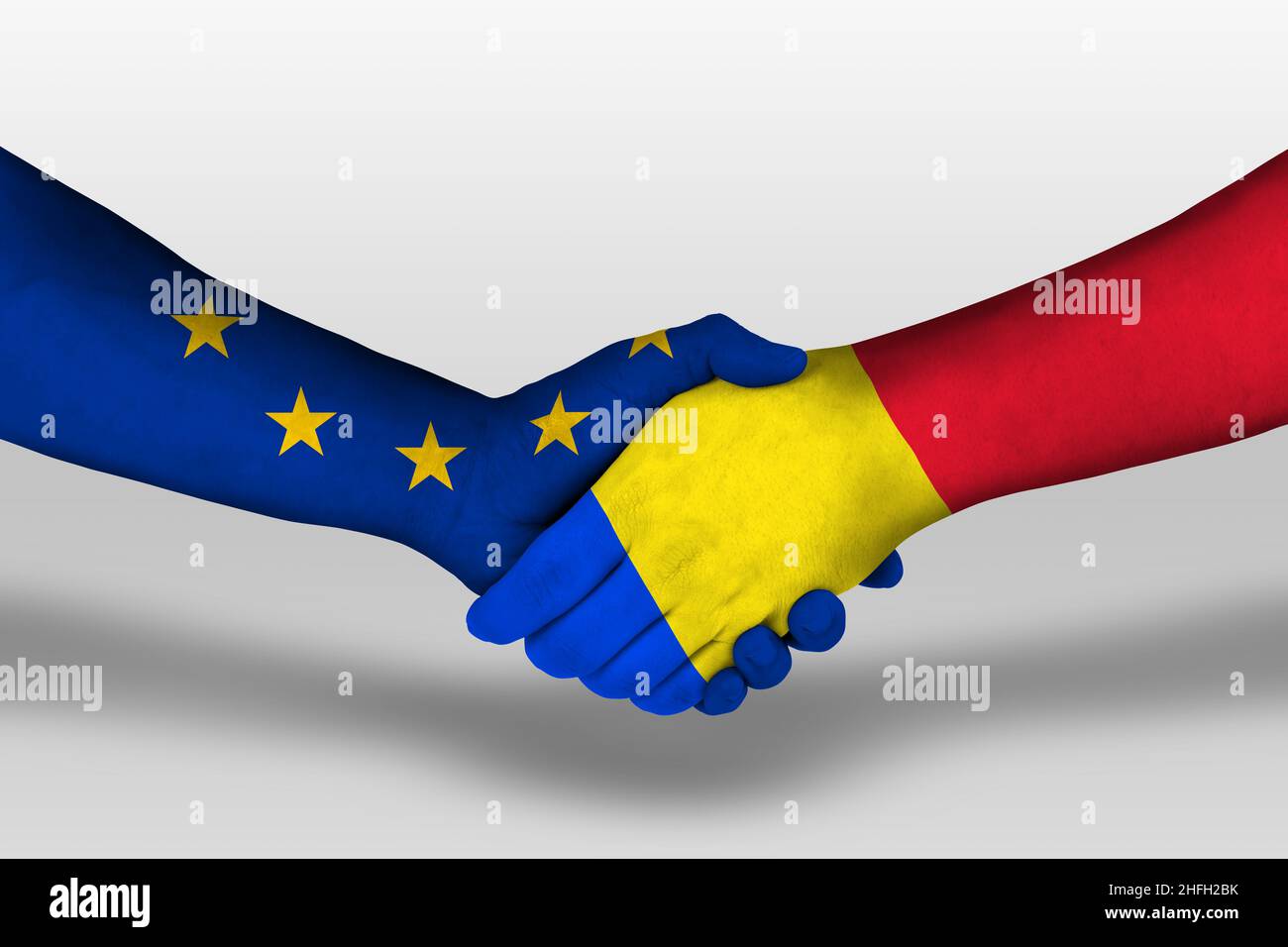 Handshake between romania and european union flags painted on hands ...