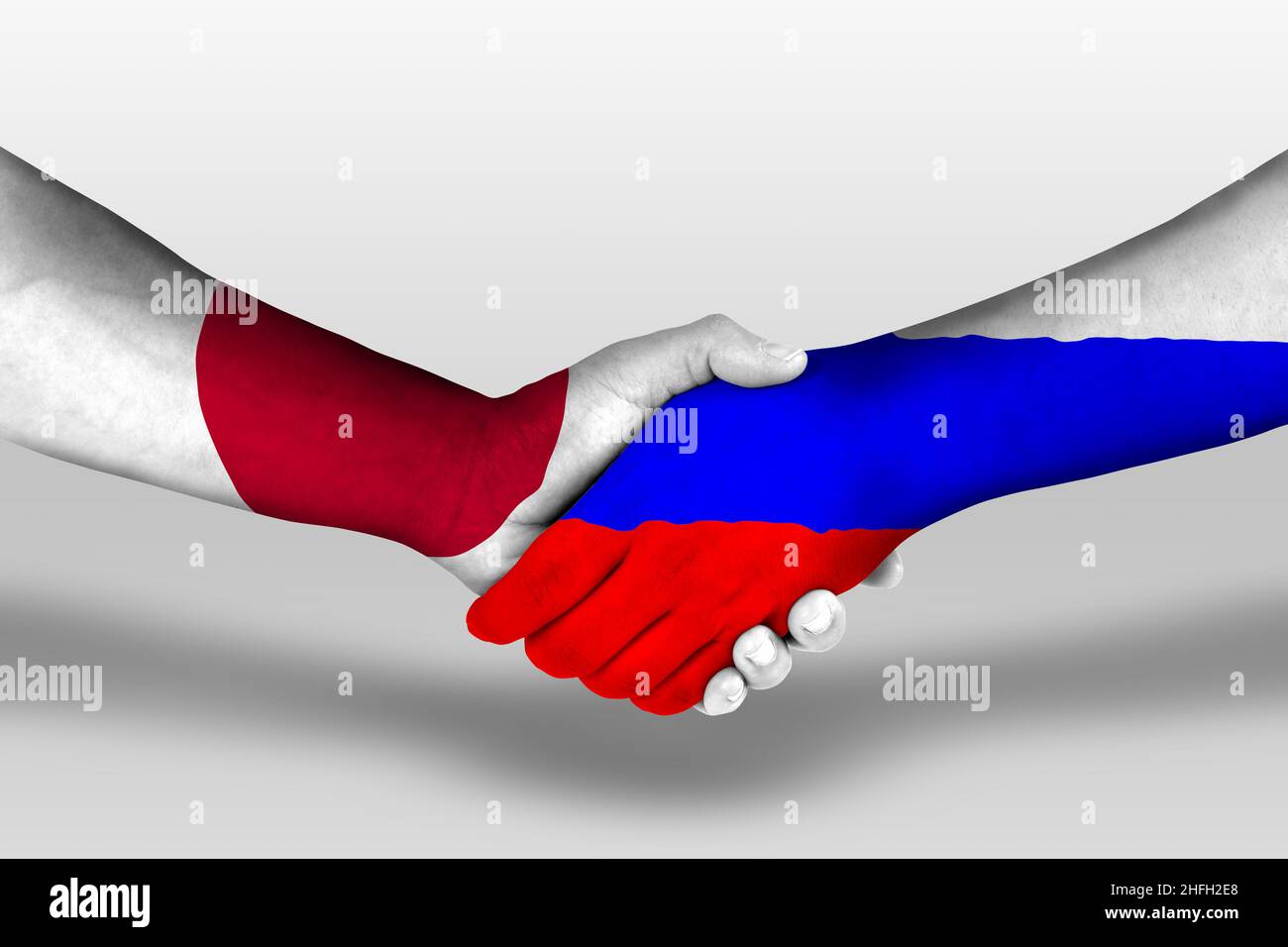 Handshake between russia and japan flags painted on hands, illustration ...