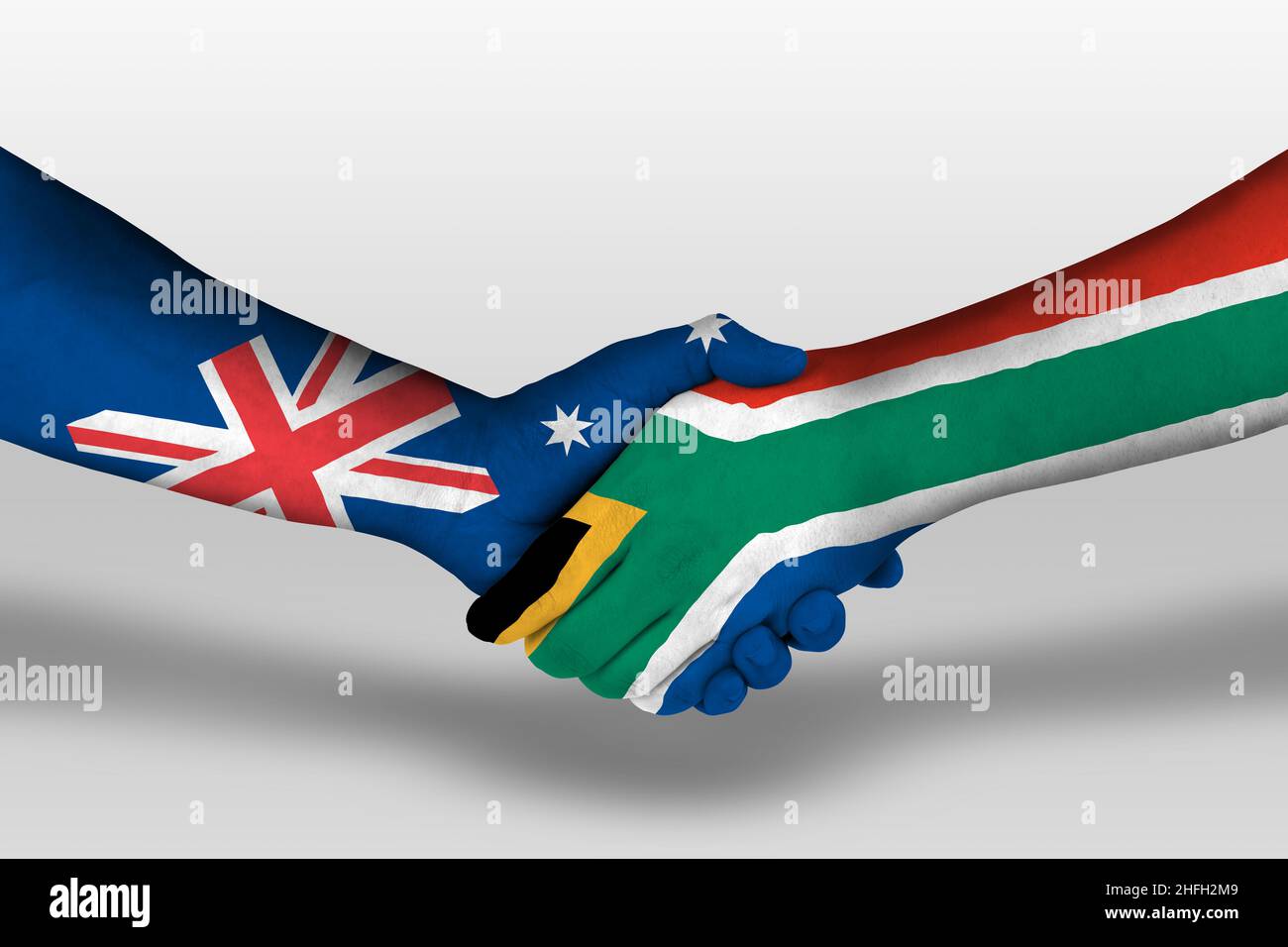 Handshake between south africa and australia flags painted on hands ...