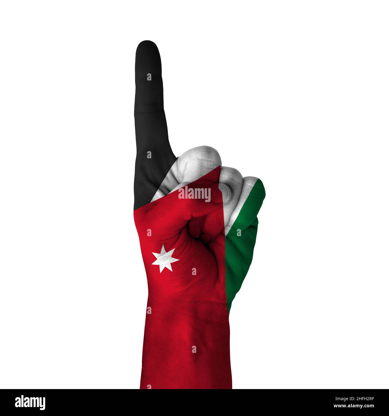 Hand pointing thumb up direction, jordan painted with flag as symbol of ...