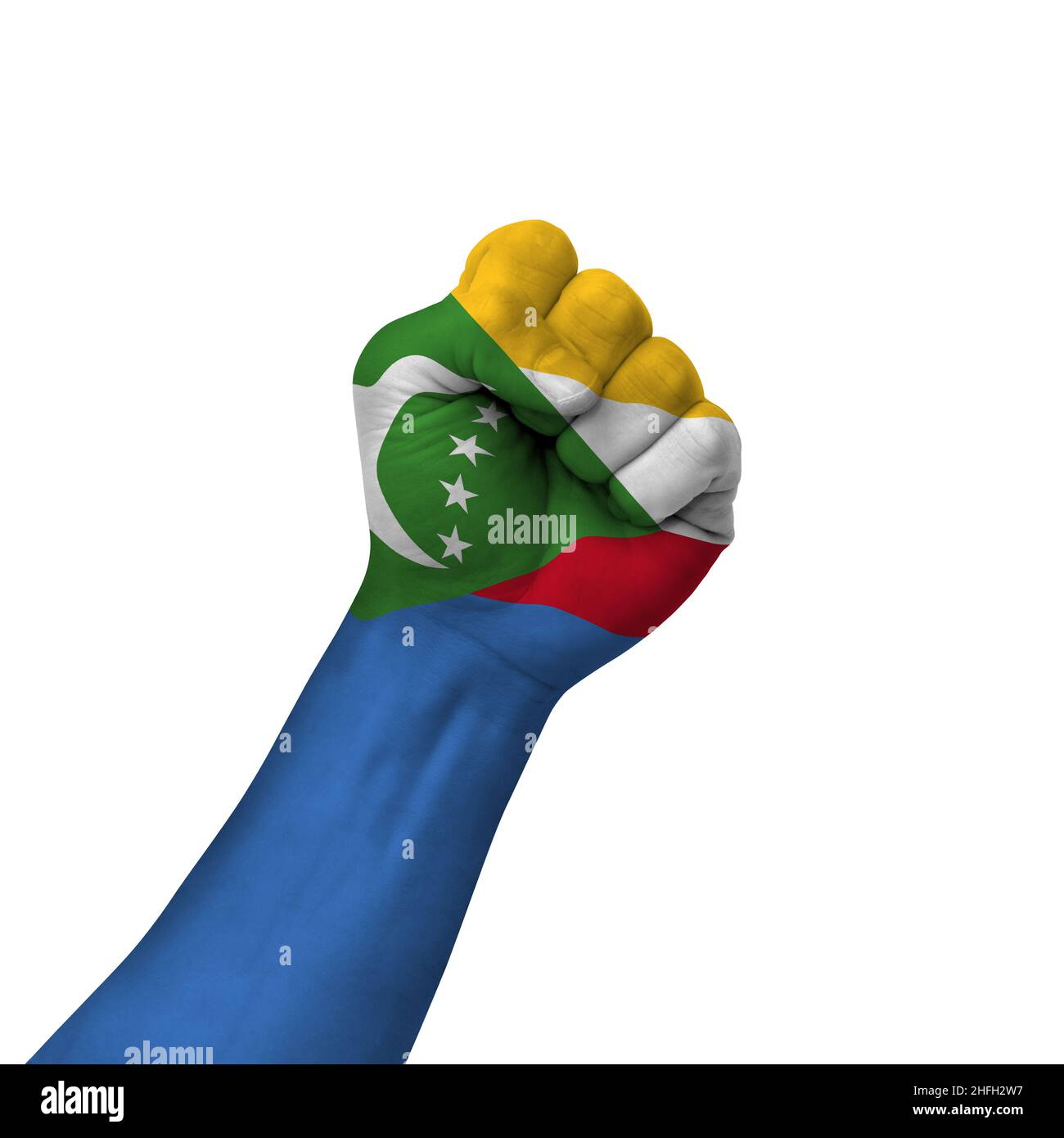 Hand pointing thumb up direction, comoros painted with flag as symbol ...