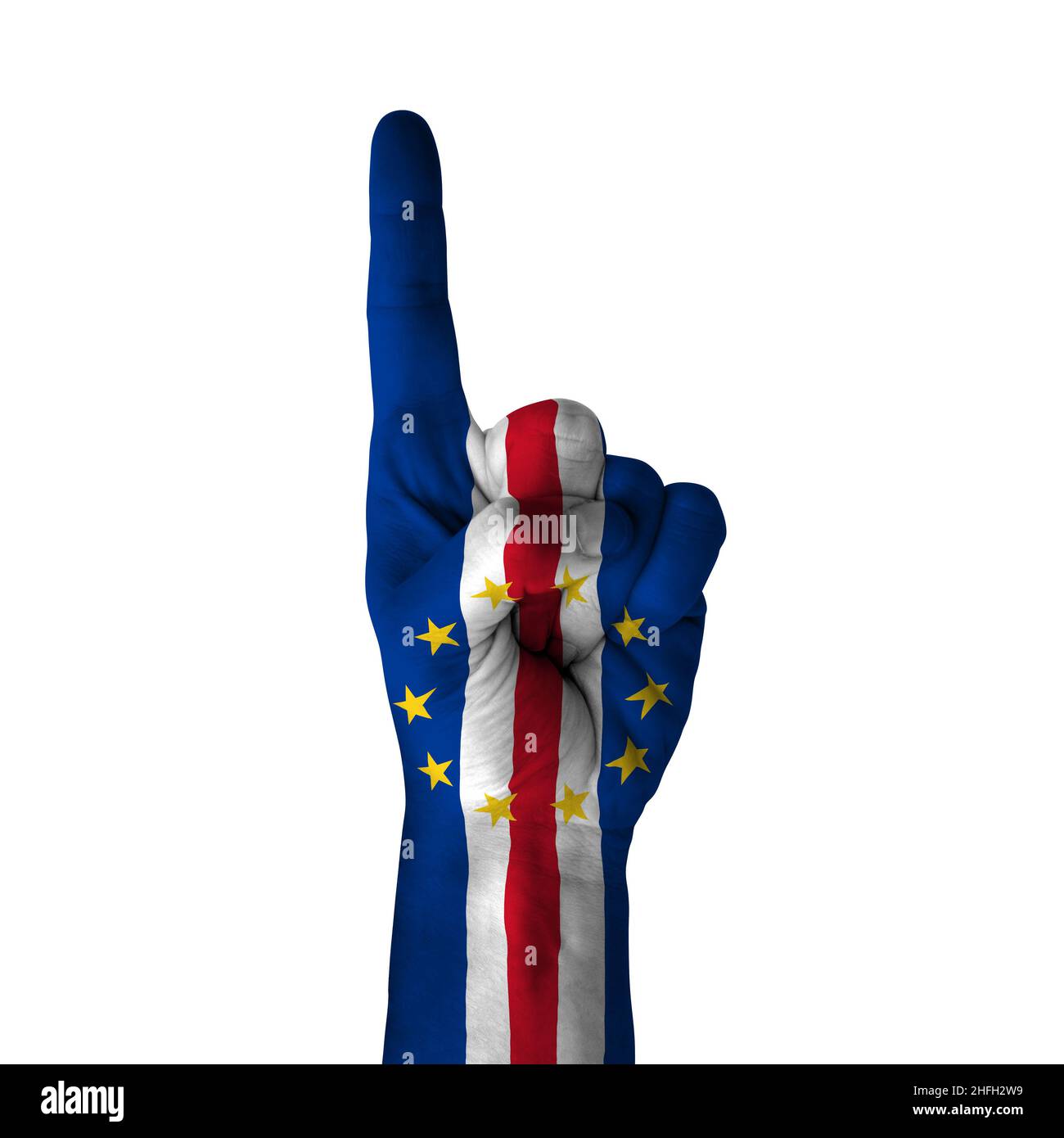 Hand pointing thumb up direction, cape verde painted with flag as ...