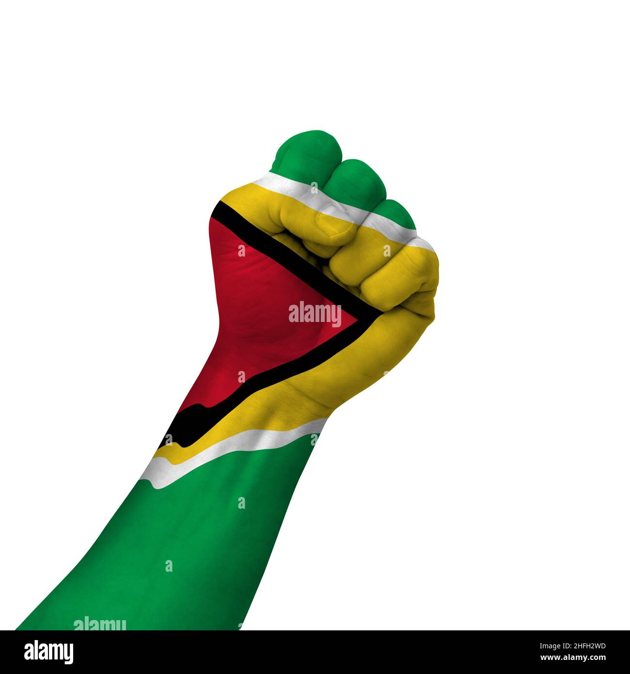 Hand pointing thumb up direction, guyana painted with flag as symbol of ...