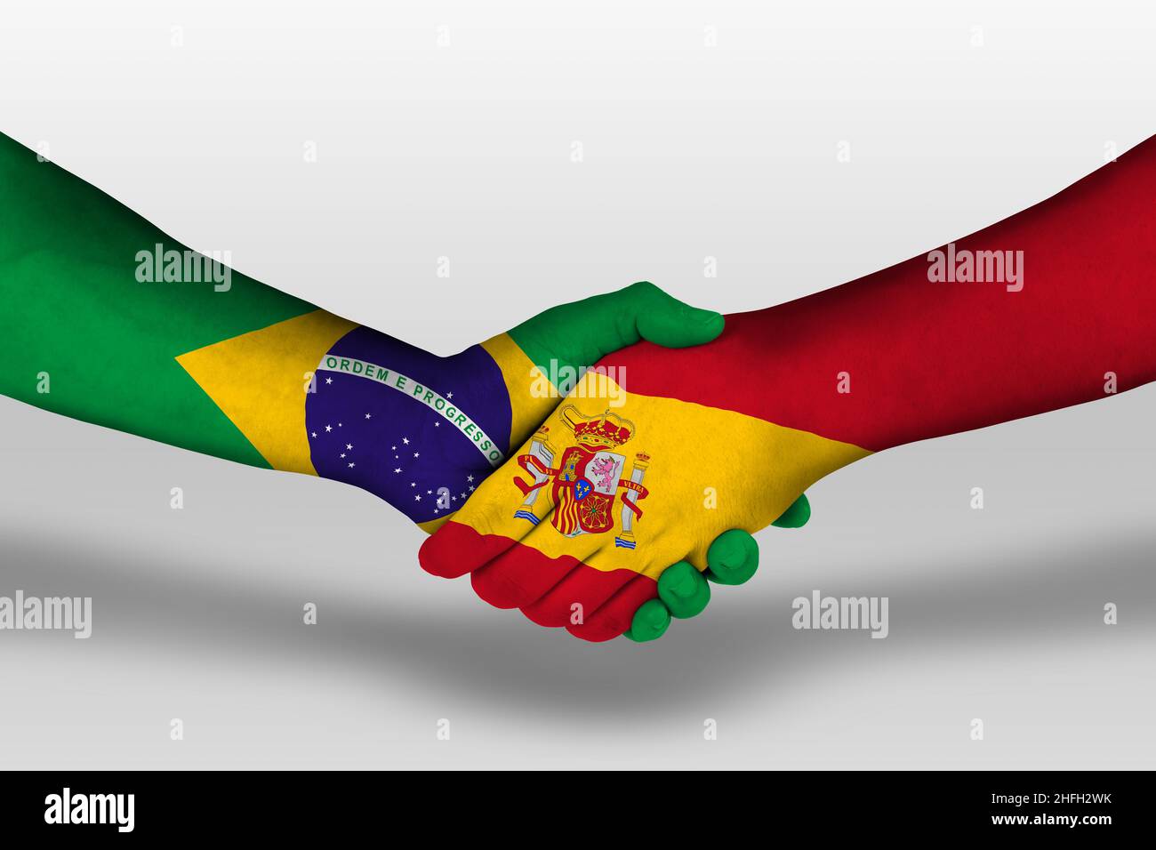 Handshake between spain and brazil flags painted on hands, illustration ...
