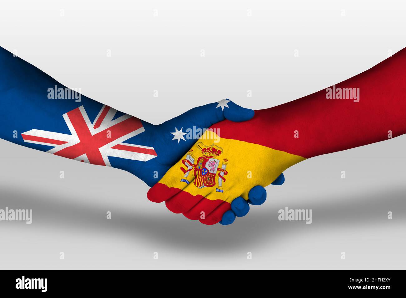 Handshake between spain and australia flags painted on hands ...