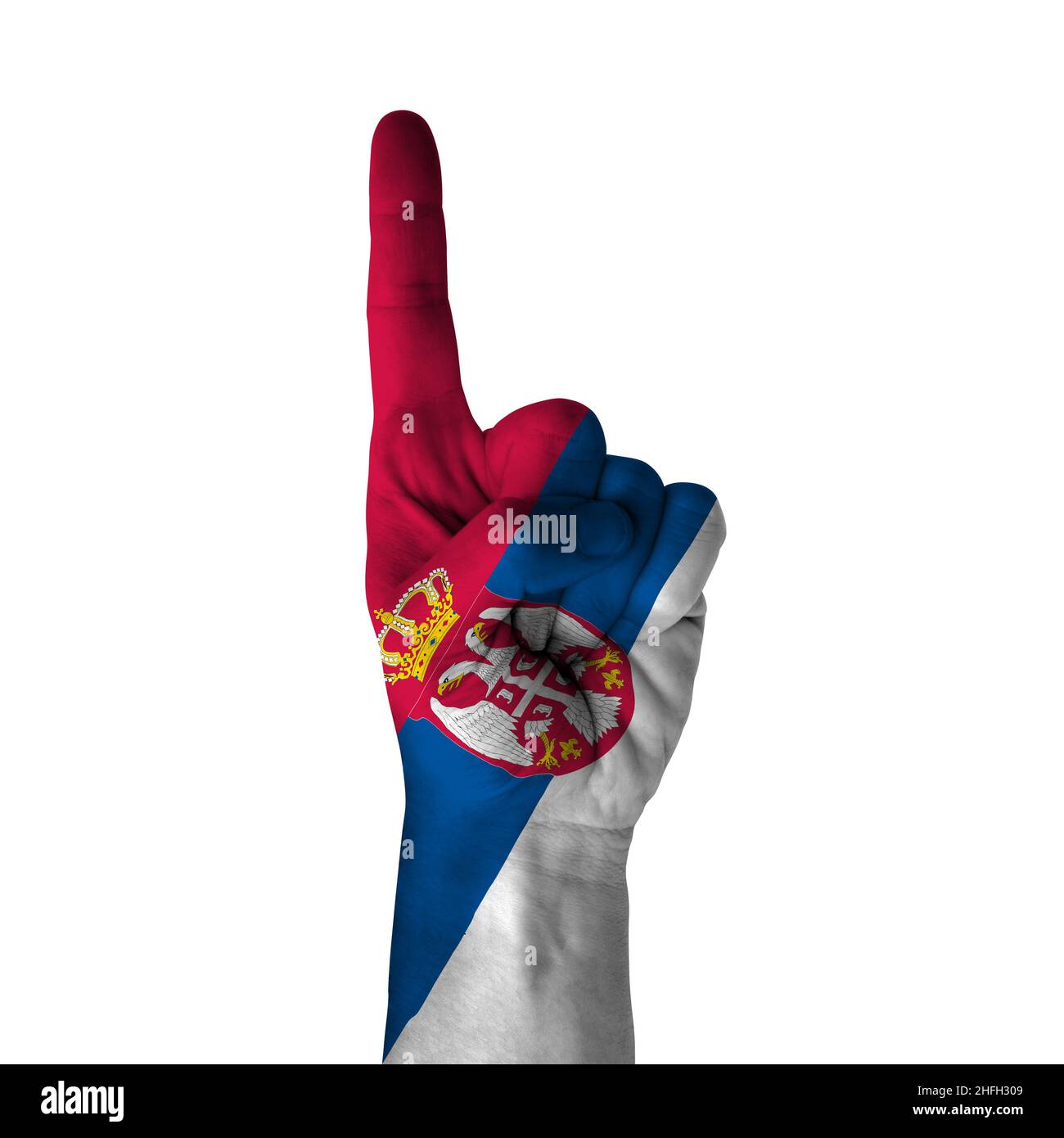Hand pointing thumb up direction, serbia painted with flag as symbol of ...