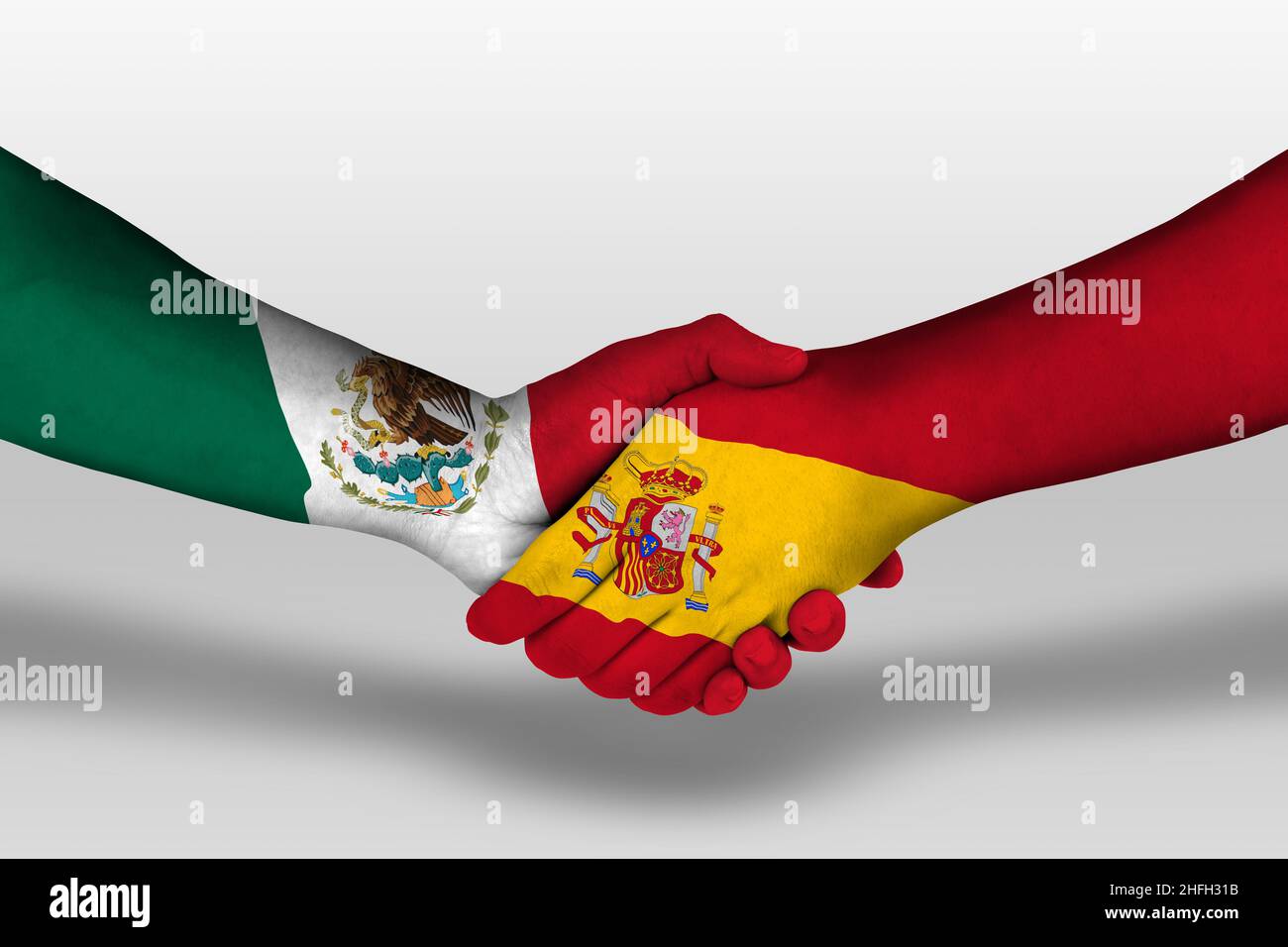 Handshake between spain and mexico flags painted on hands, illustration ...