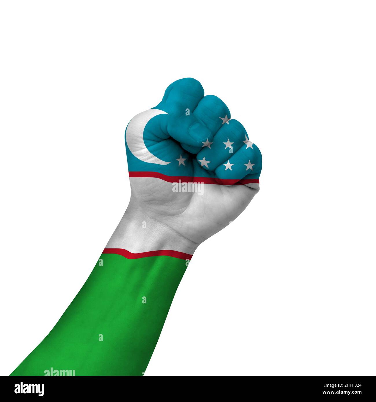 Hand pointing thumb up direction, uzbekistan painted with flag as ...