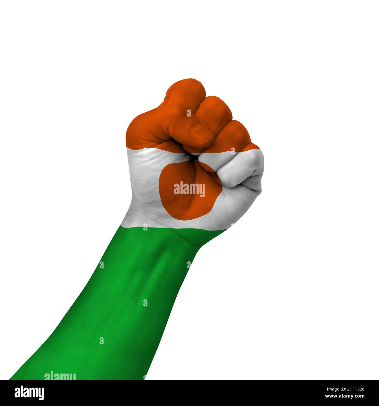 Hand pointing thumb up direction, niger painted with flag as symbol of ...