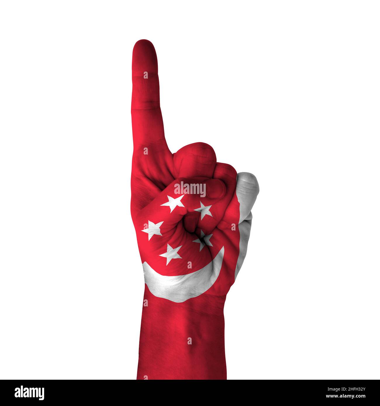 Hand pointing thumb up direction, singapore painted with flag as symbol ...