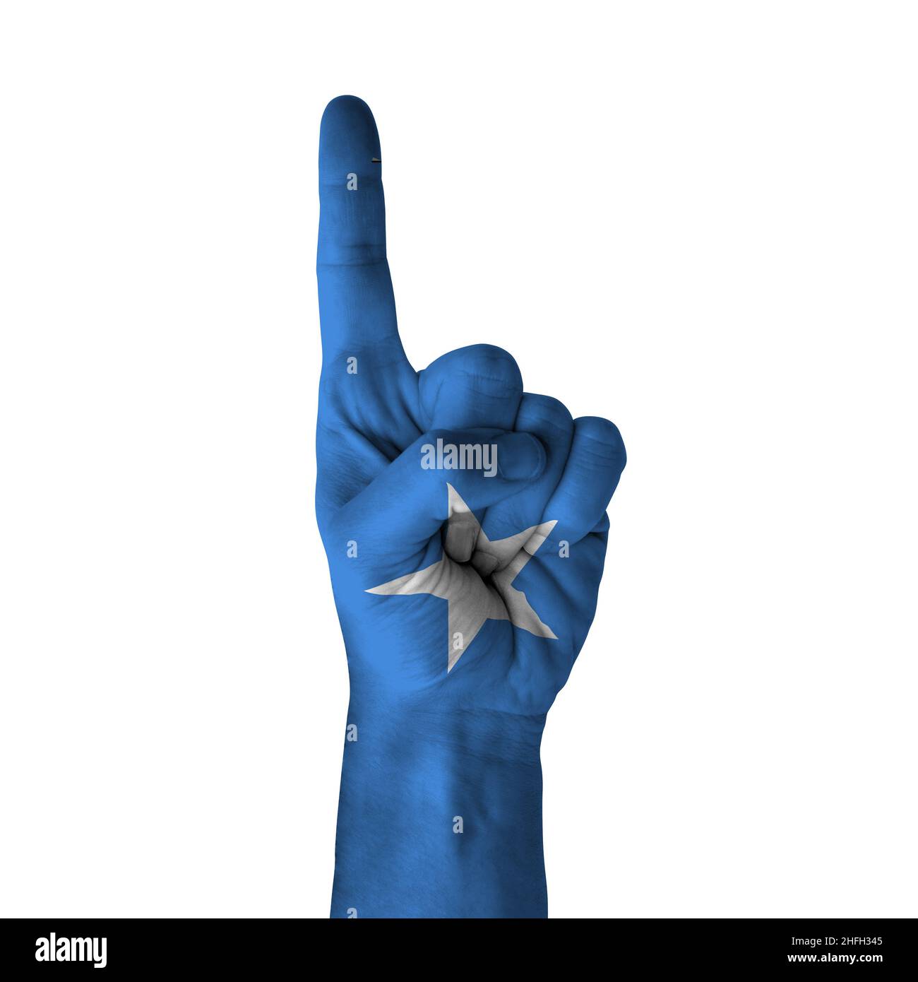 Hand pointing thumb up direction, somalia painted with flag as symbol ...