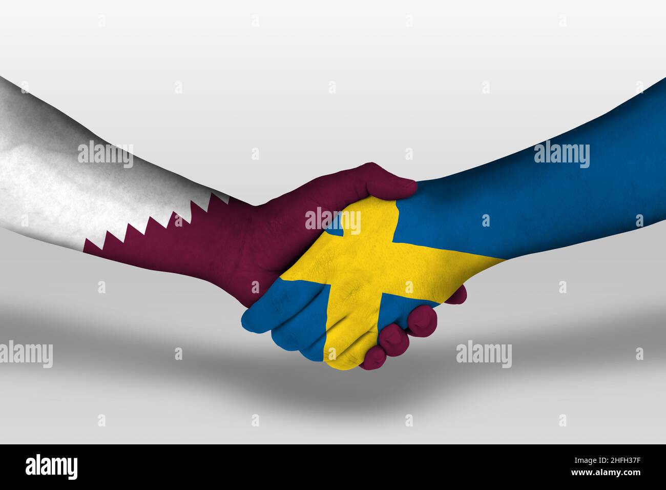 Handshake between sweden and qatar flags painted on hands, illustration ...