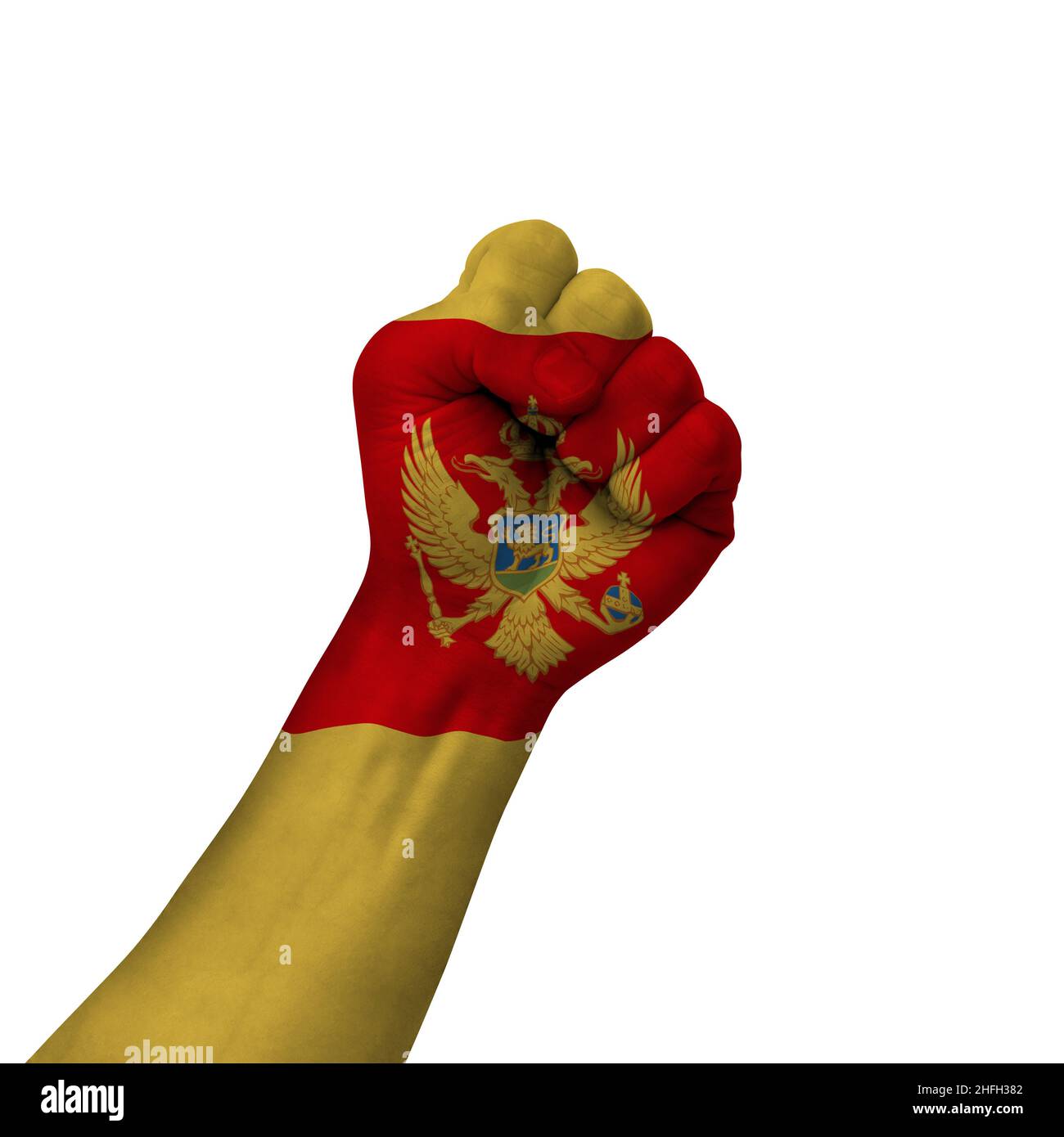 Hand making victory sign, montenegro painted with flag as symbol of ...