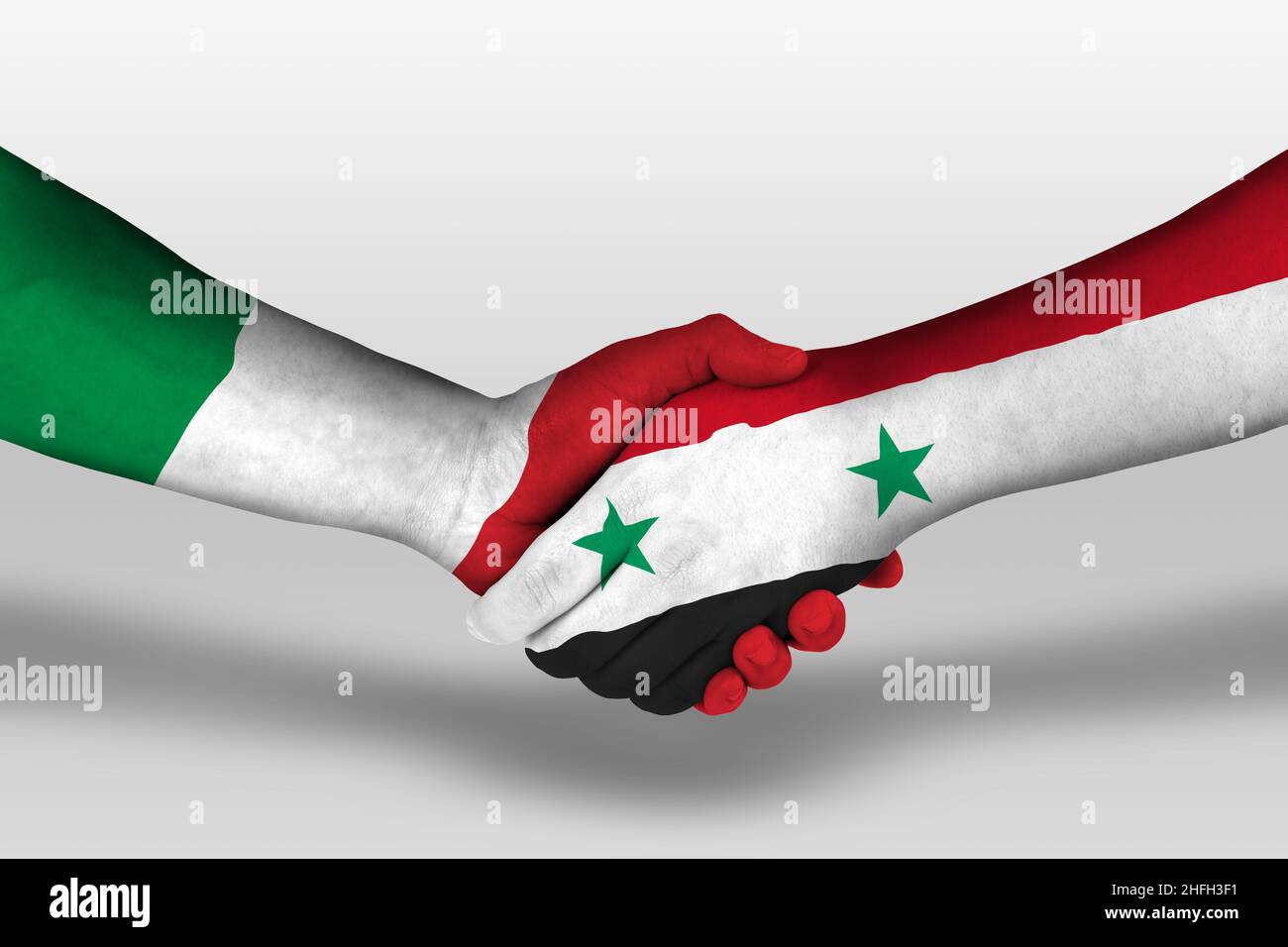 Handshake between syria and italy flags painted on hands, illustration ...