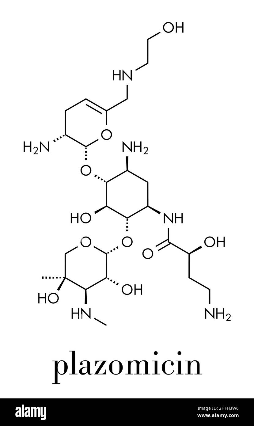 Plazomicin antibiotic drug molecule (aminoglycoside class). Skeletal ...