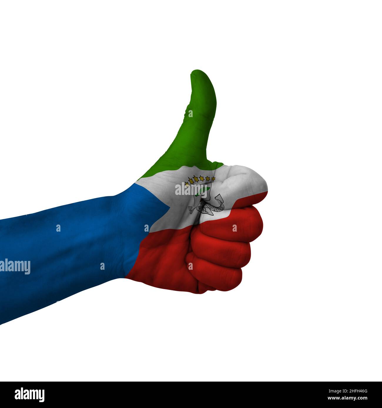 Hand making victory sign, equatorial guinea painted with flag as symbol ...