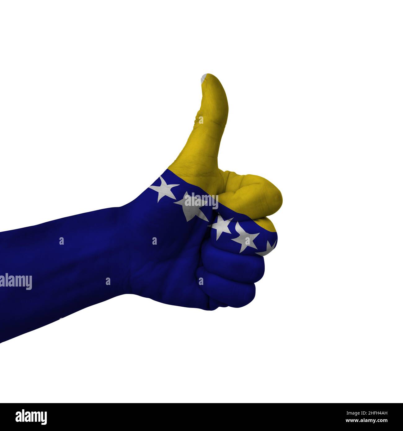Hand making thumbs up sign, bosnia and herzegovina painted with flag as ...