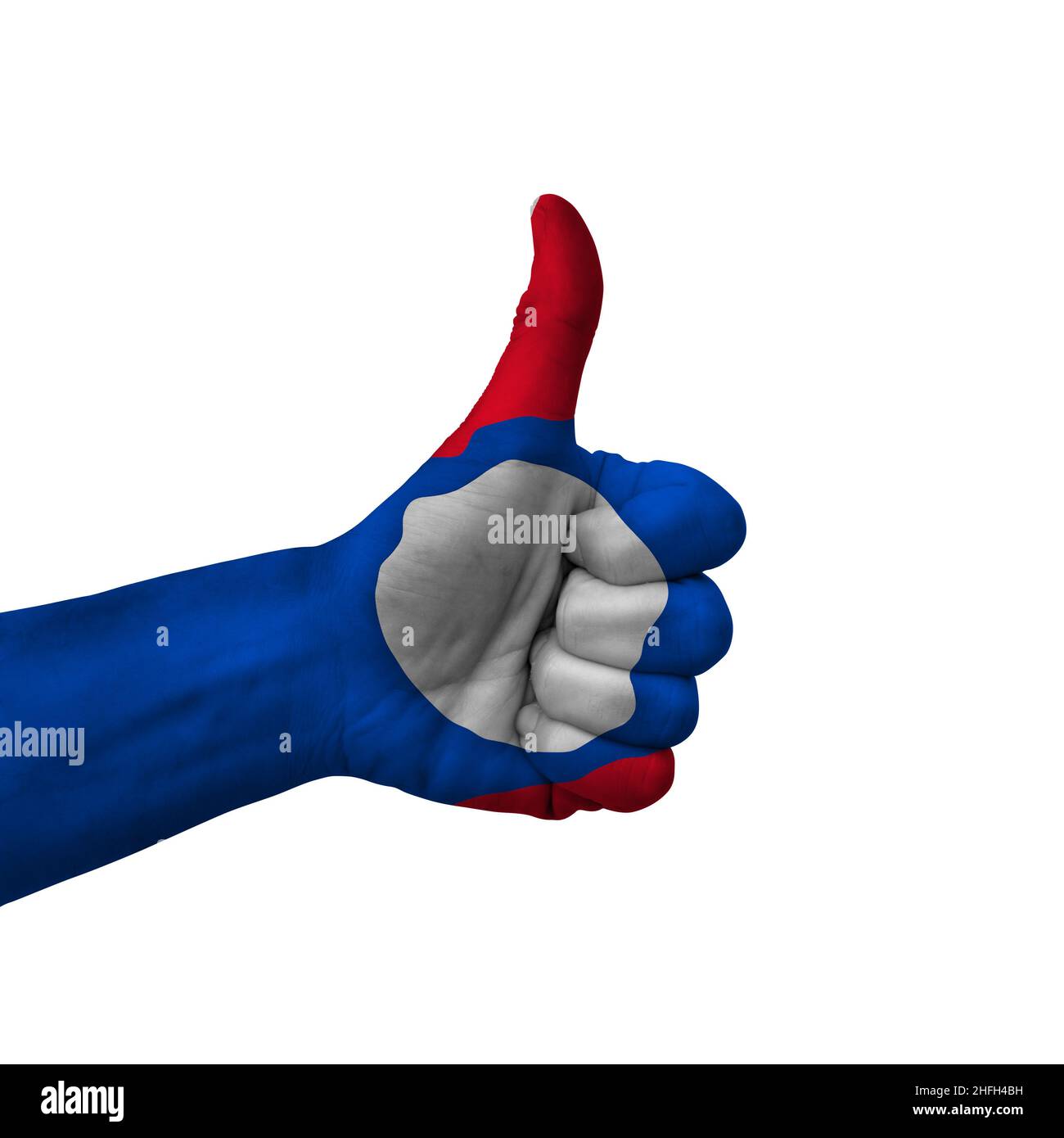 Hand making thumbs up sign, laos painted with flag as symbol of thumbs ...