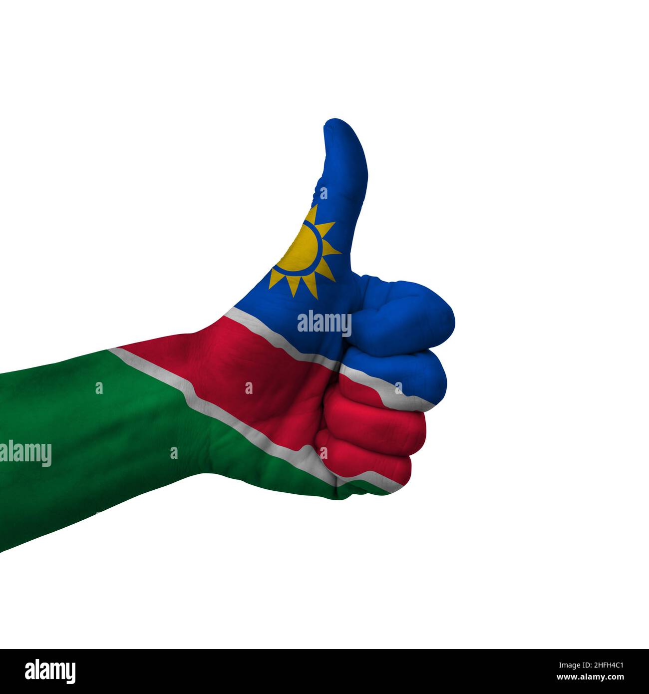 Hand making thumbs up sign, namibia painted with flag as symbol of ...