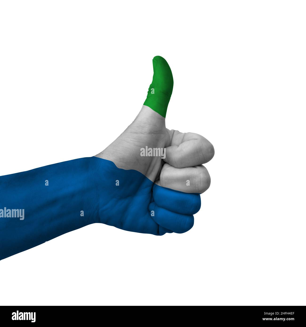 Hand making thumbs up sign, sierra leone painted with flag as symbol of ...