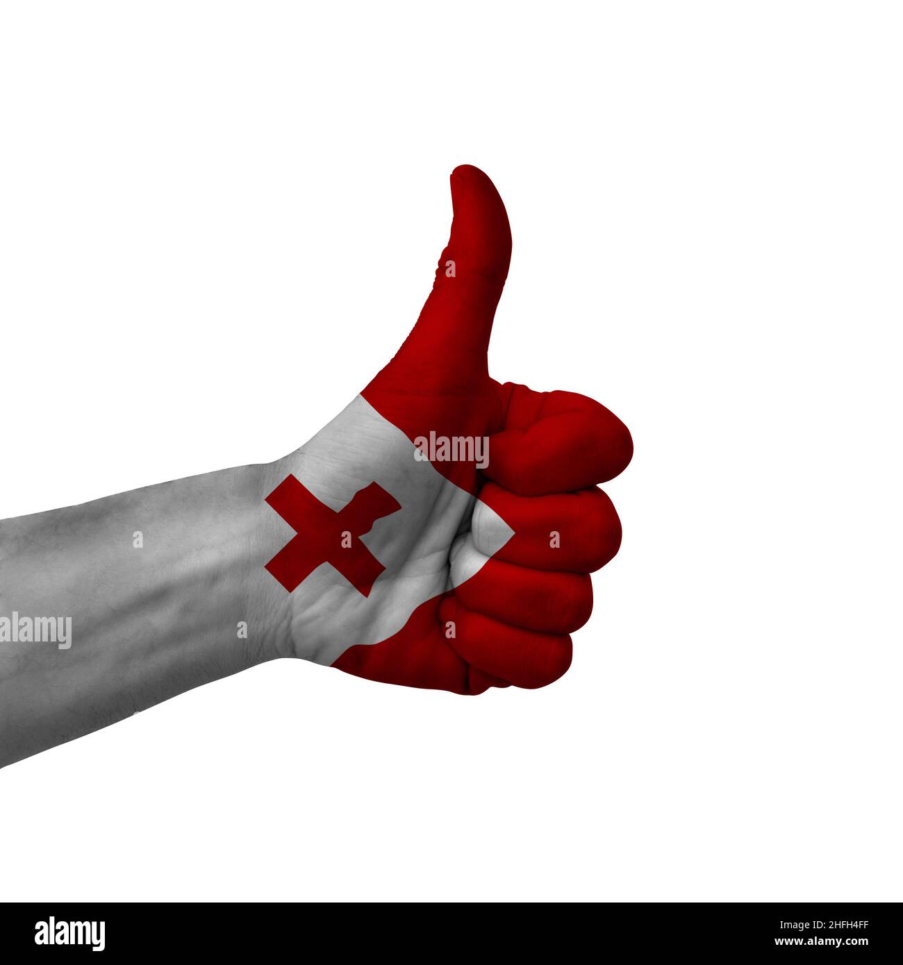 Hand making thumbs up sign, tonga painted with flag as symbol of thumbs ...