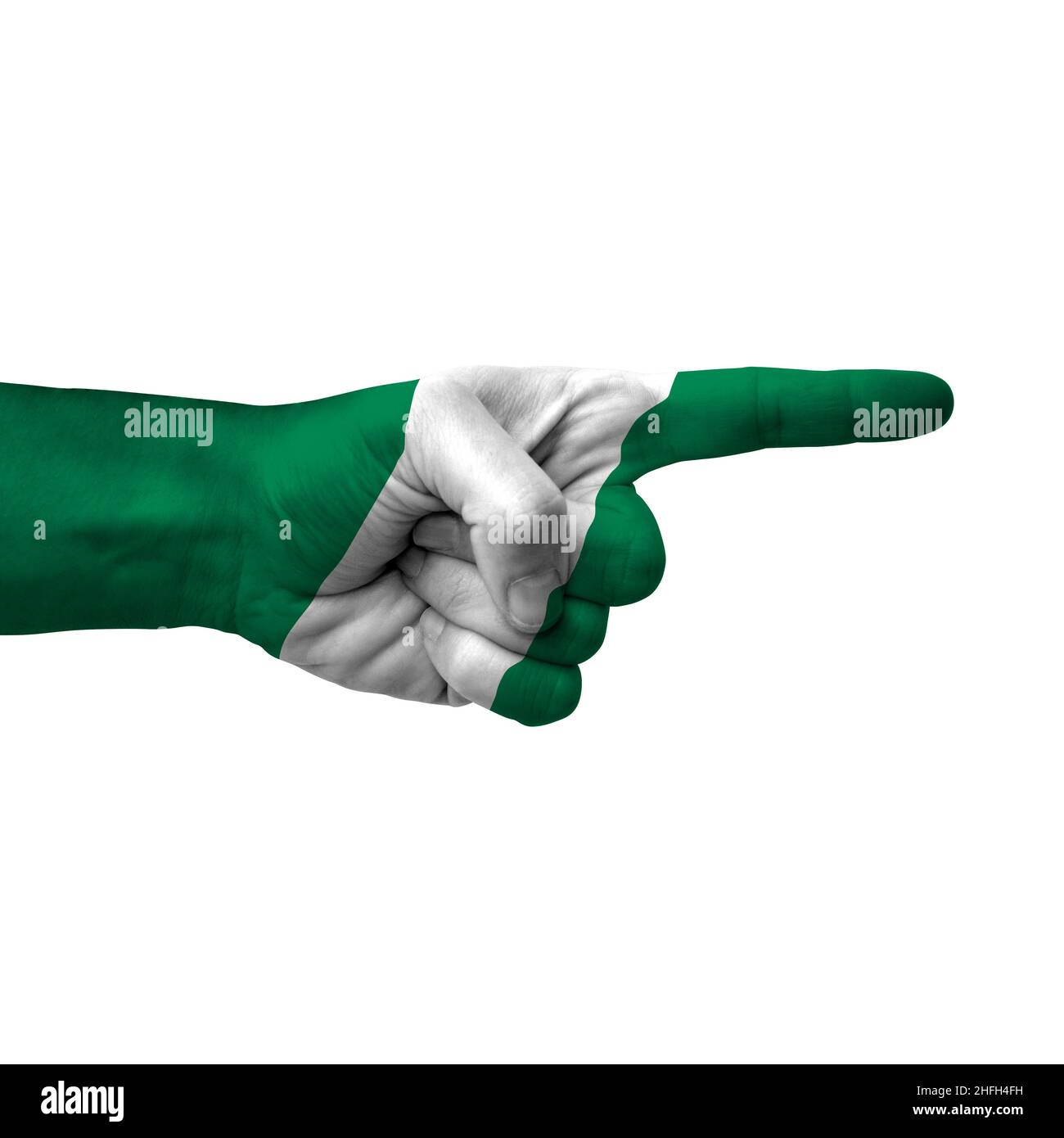 Hand pointing right side, nigeria painted with flag as symbol of right ...