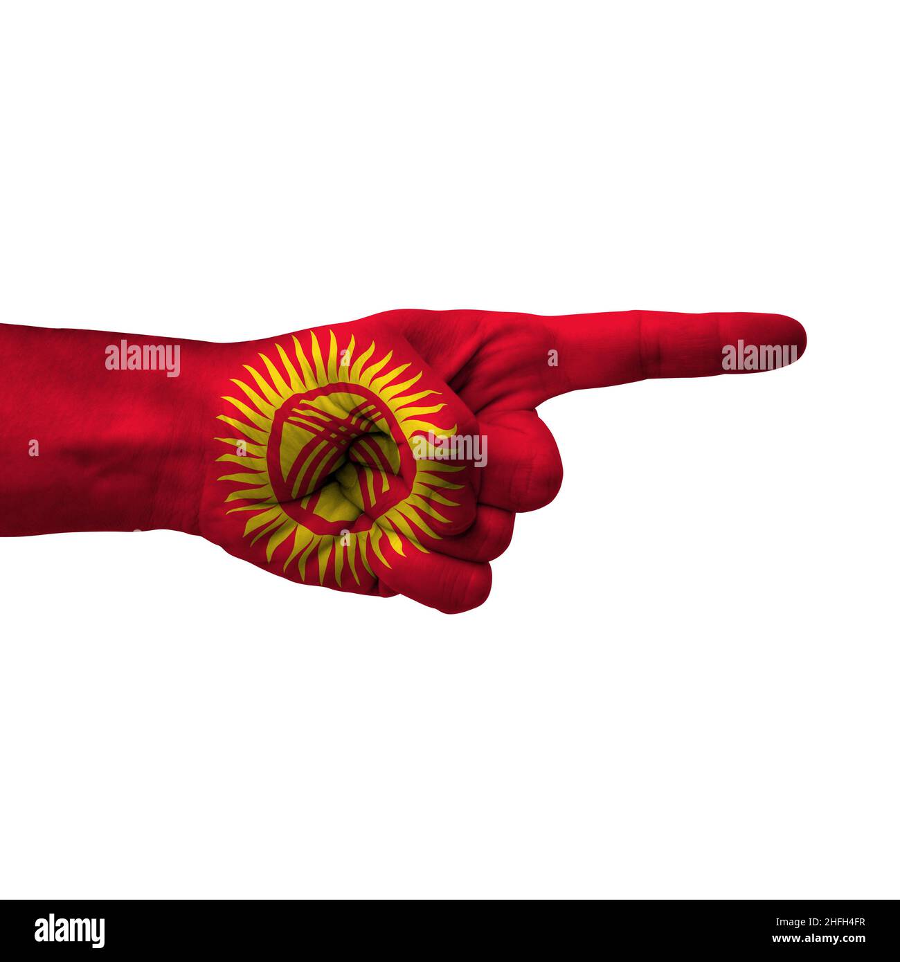 Hand pointing right side, kyrgyzstan painted with flag as symbol of ...