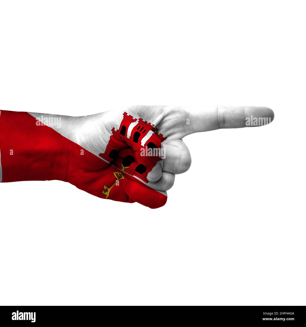 Hand pointing right side, gibraltar painted with flag as symbol of ...