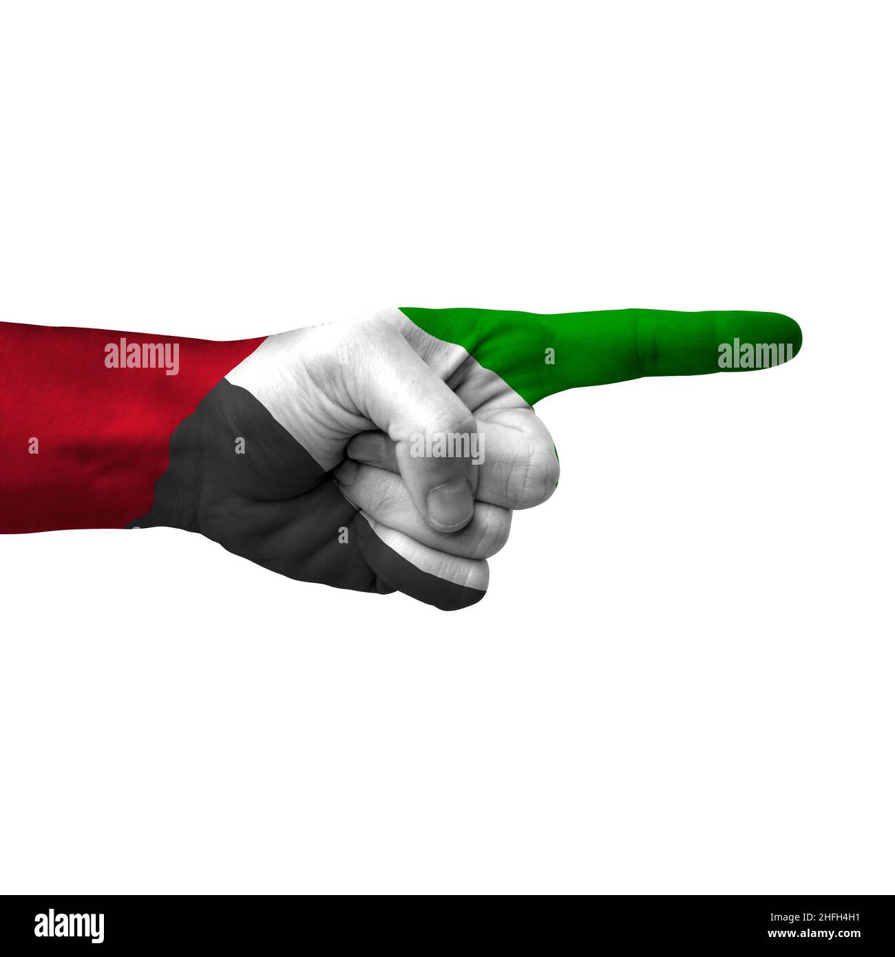 Hand pointing right side, united arab emirates painted with flag as ...