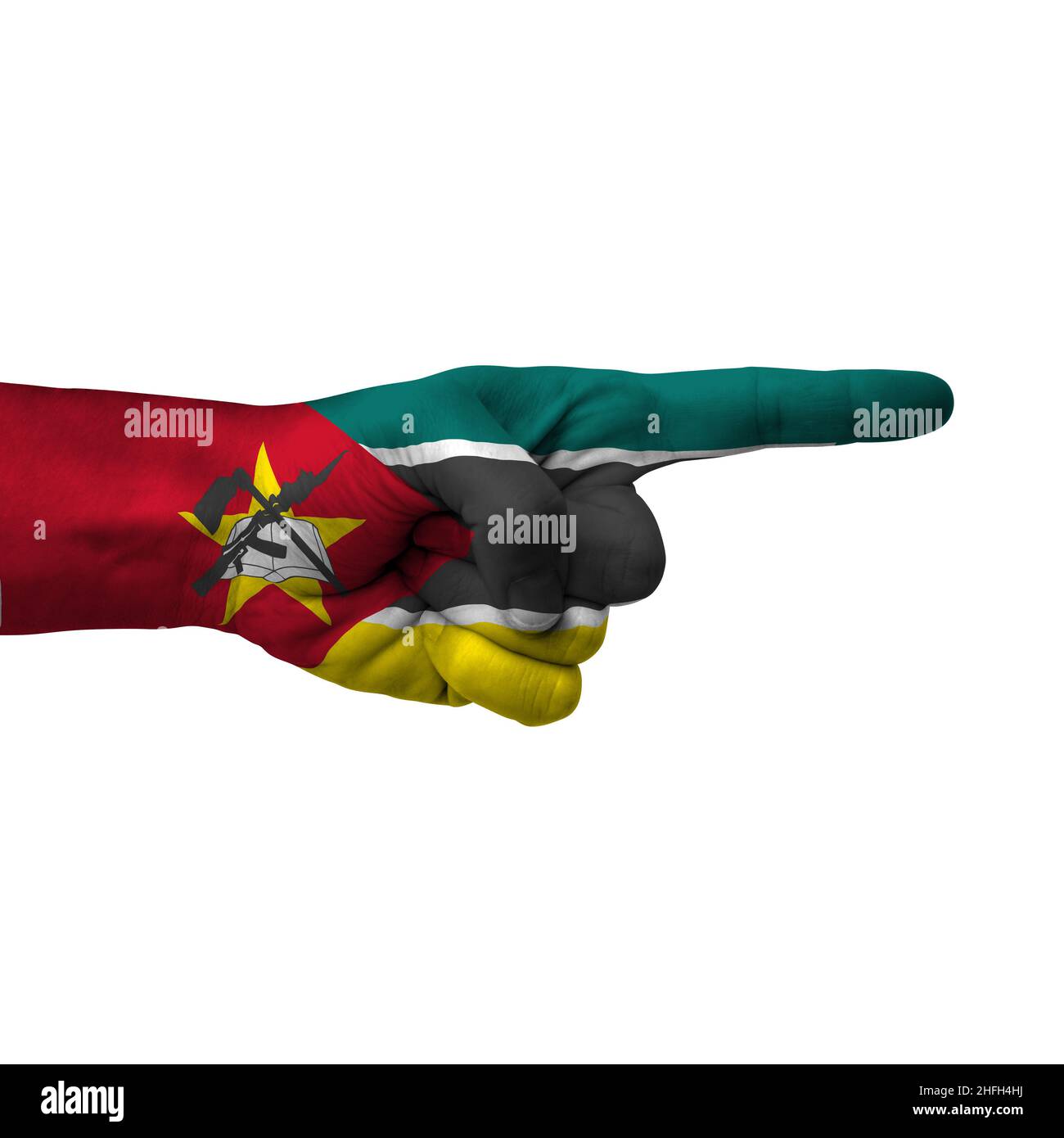 Hand pointing right side, mozambique painted with flag as symbol of ...