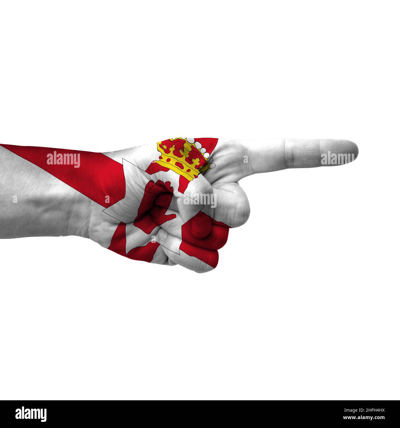 Hand pointing right side, northern ireland painted with flag as symbol ...