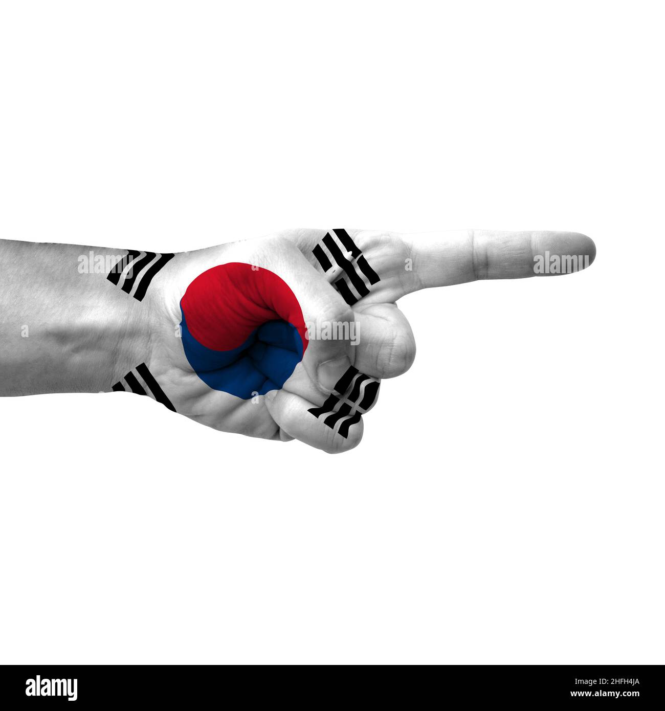 Hand pointing right side, south korea painted with flag as symbol of ...