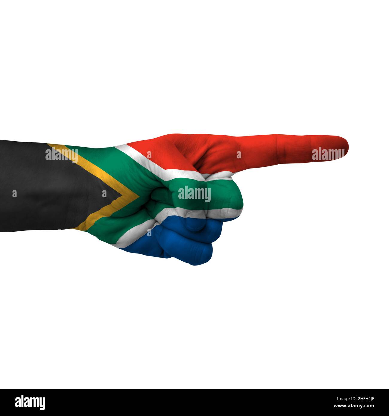 Hand pointing right side, south africa painted with flag as symbol of ...