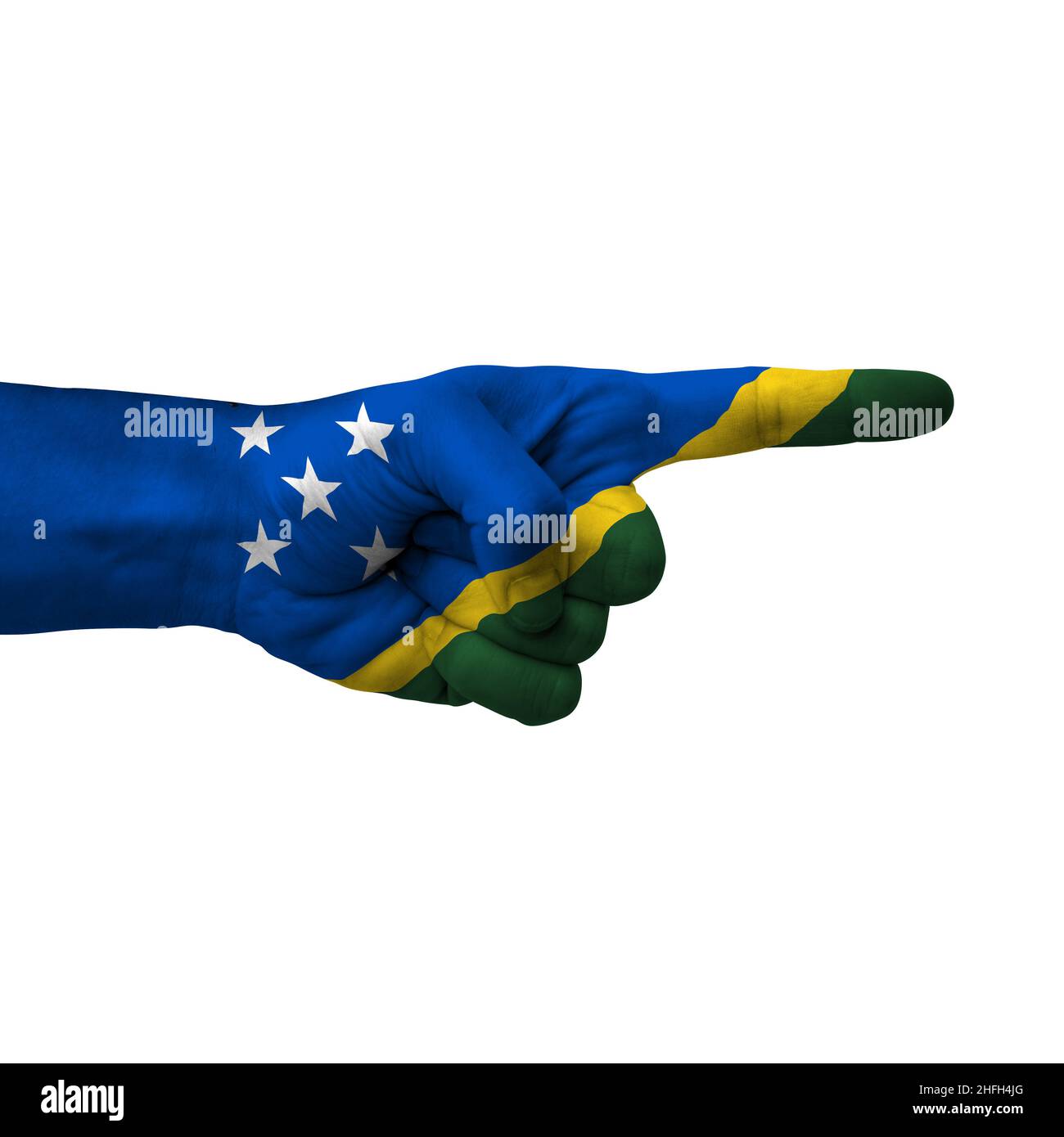 Hand pointing right side, solomon islands painted with flag as symbol ...