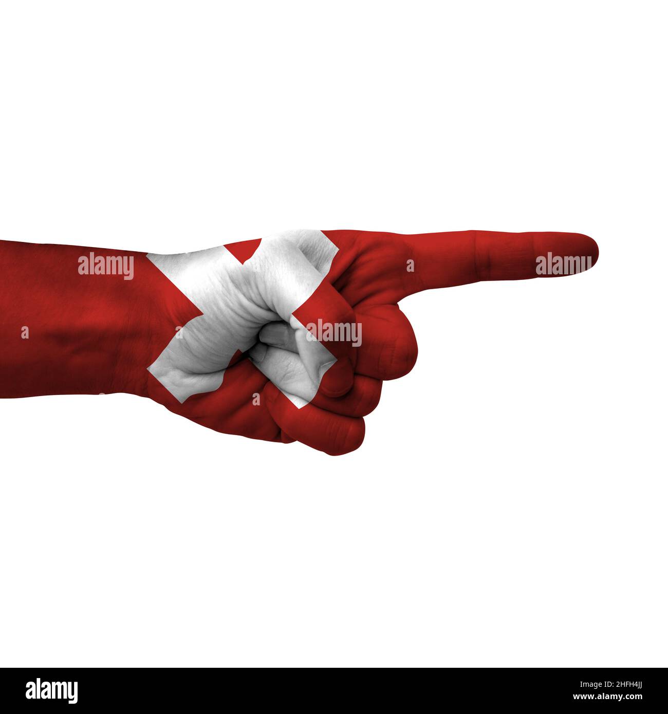 Hand pointing right side, switzerland painted with flag as symbol of ...