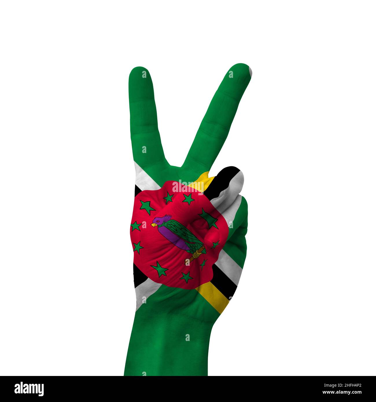 Hand pointing right side, dominica painted with flag as symbol of right ...