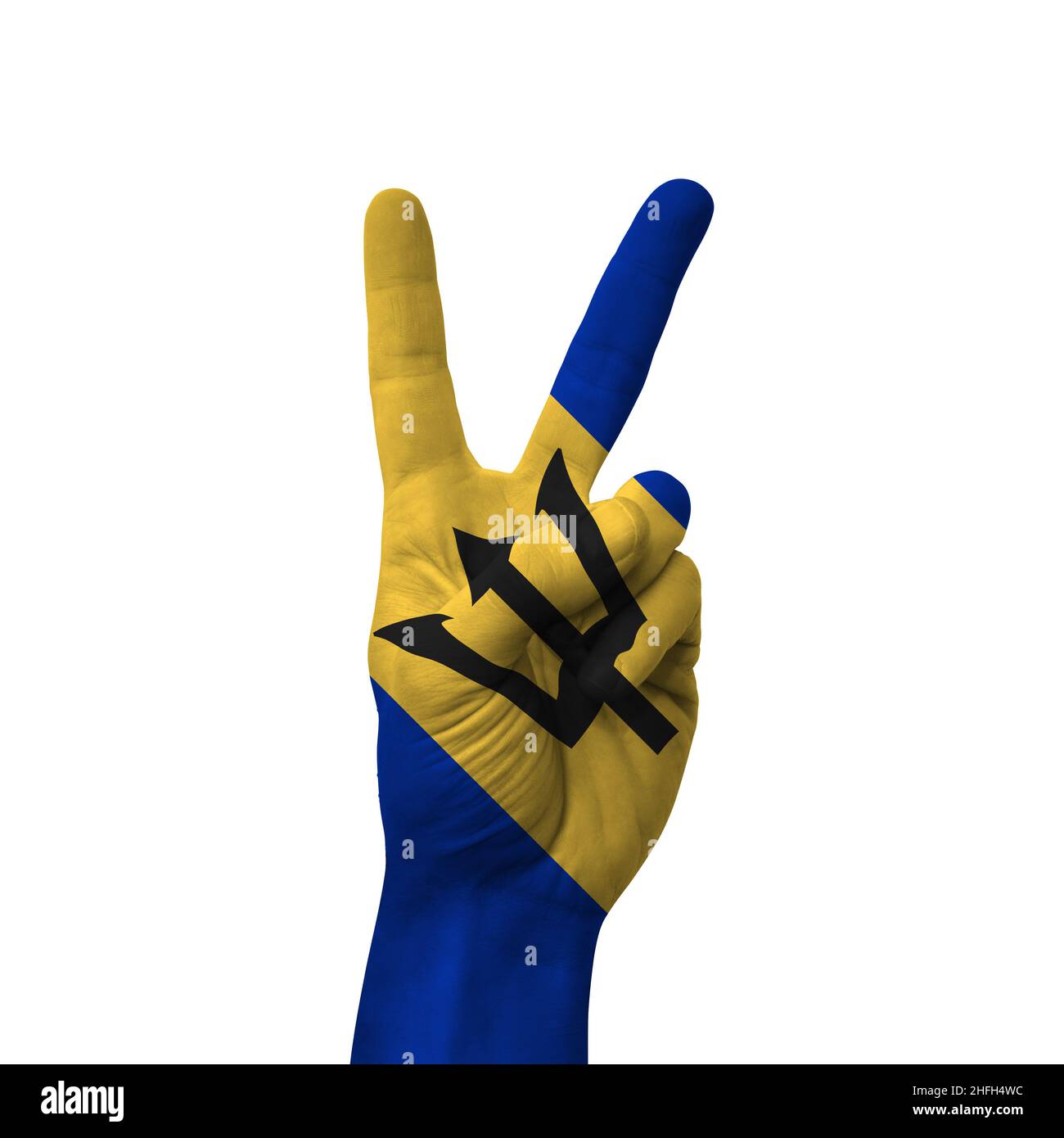 Hand making victory sign, barbados painted with flag as symbol of ...