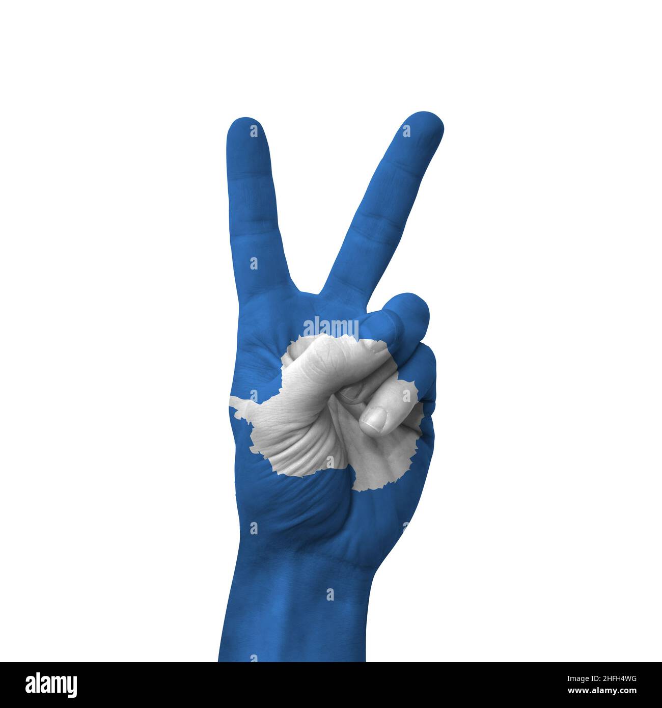 Hand making victory sign, antarctica painted with flag as symbol of ...