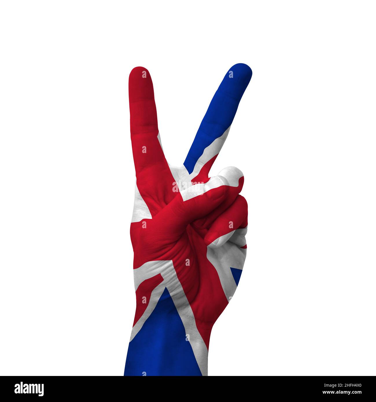 Hand pointing right side, united kingdom painted with flag as symbol of ...