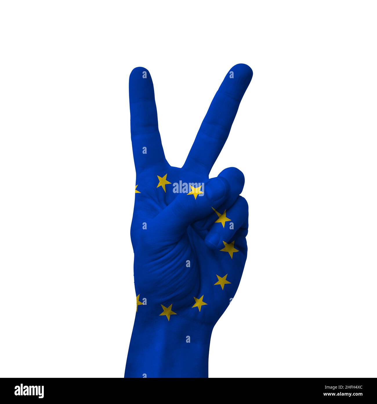 Hand making victory sign, european union painted with flag as symbol of ...