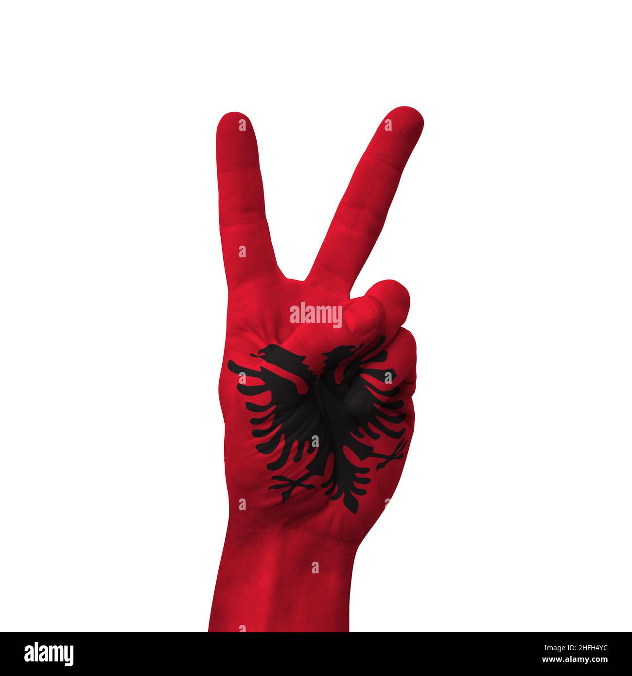 Hand making victory sign, Albania painted with flag as symbol of ...